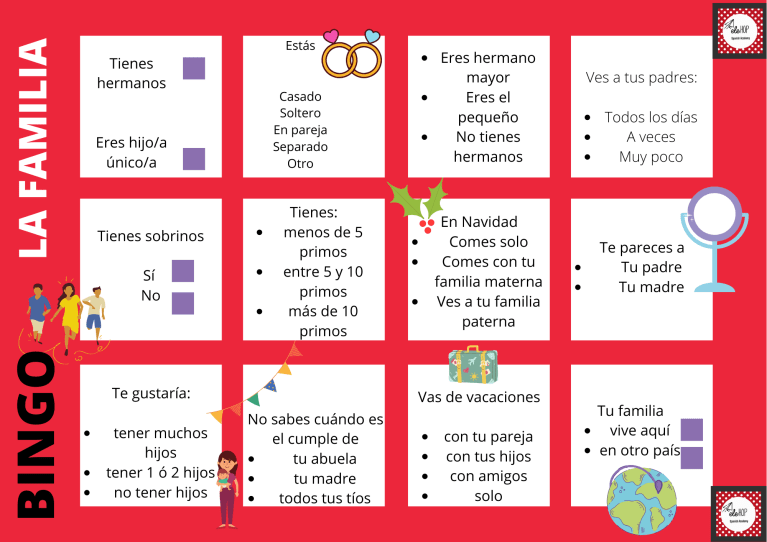 Bingo para trabajar vocabulario de la familia – Elehop